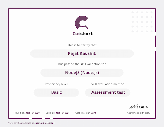 Rajat's skill certificate for NodeJS (Node.js) | Cutshort