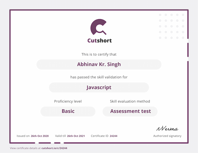 Abhinav's skill certificate for Javascript | Cutshort