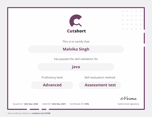 Malvika's skill certificate for Java | Cutshort