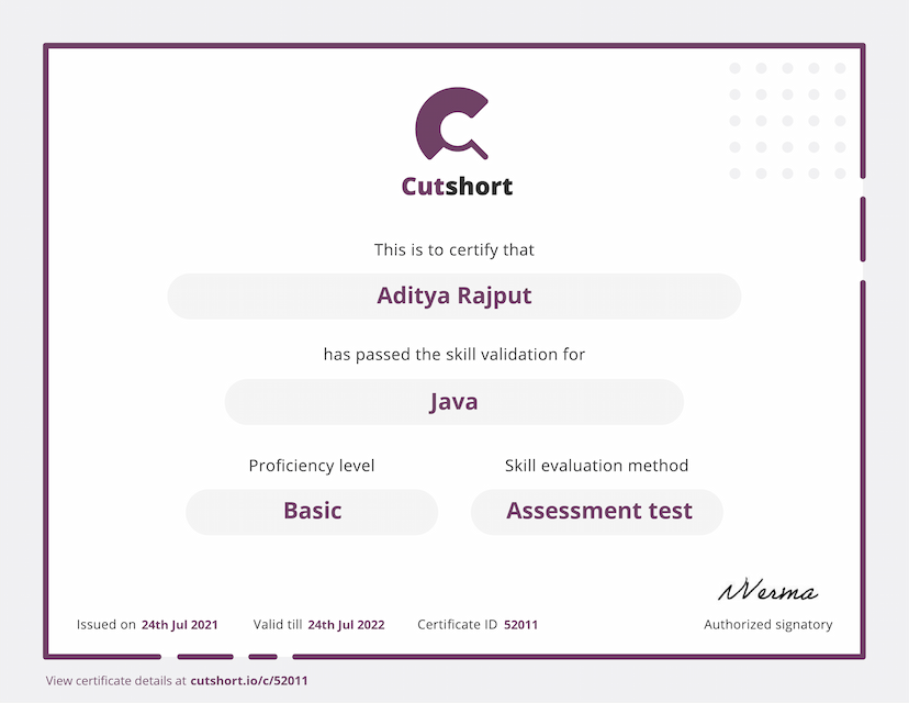 Aditya's skill certificate for Java | Cutshort