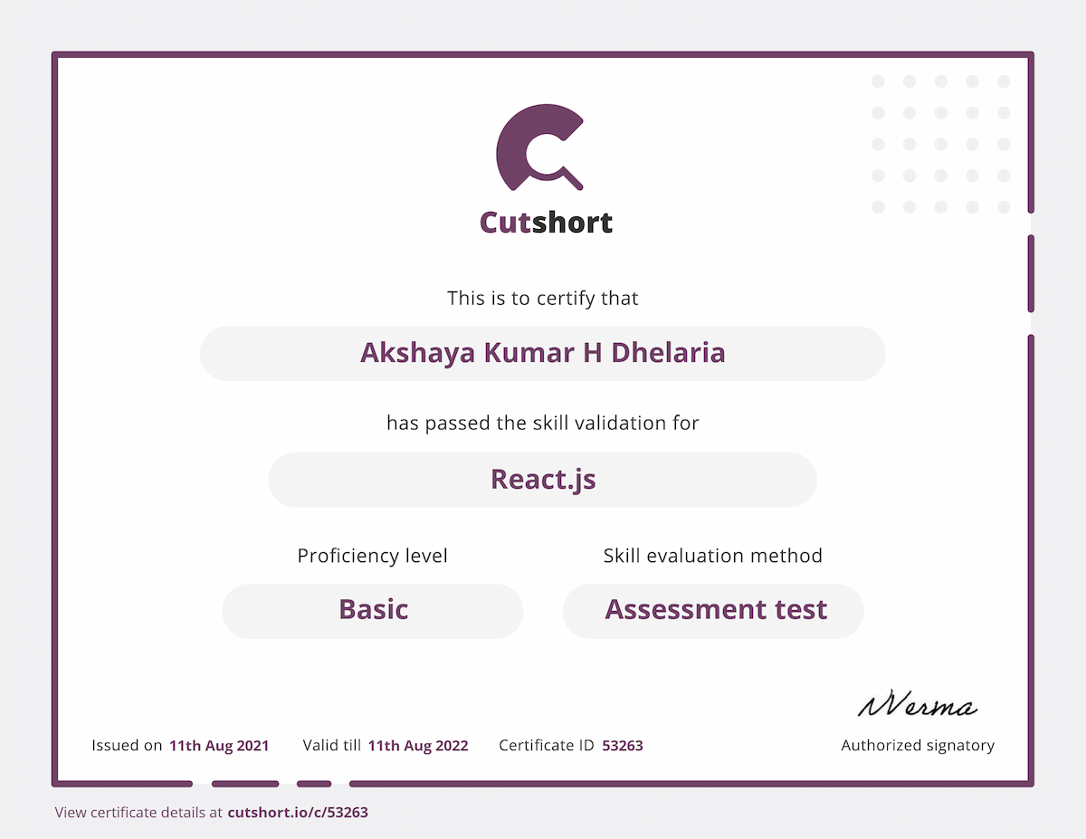 Akshaya's skill certificate for React.js | Cutshort