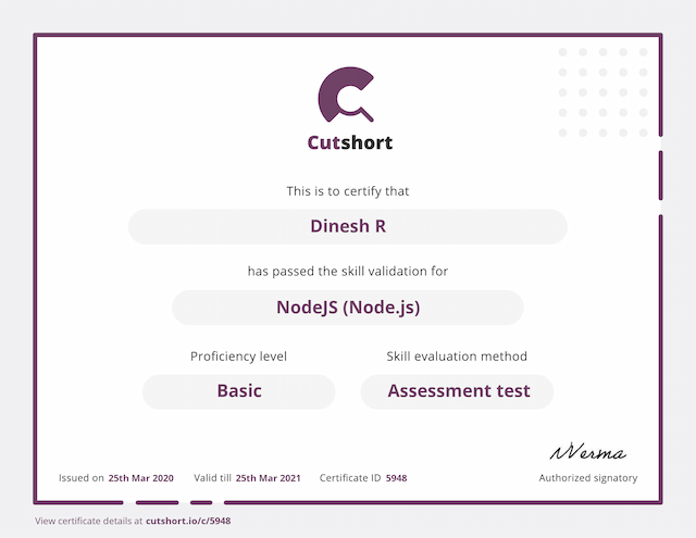 Dineshs Skill Certificate For Nodejs Nodejs Cutshort