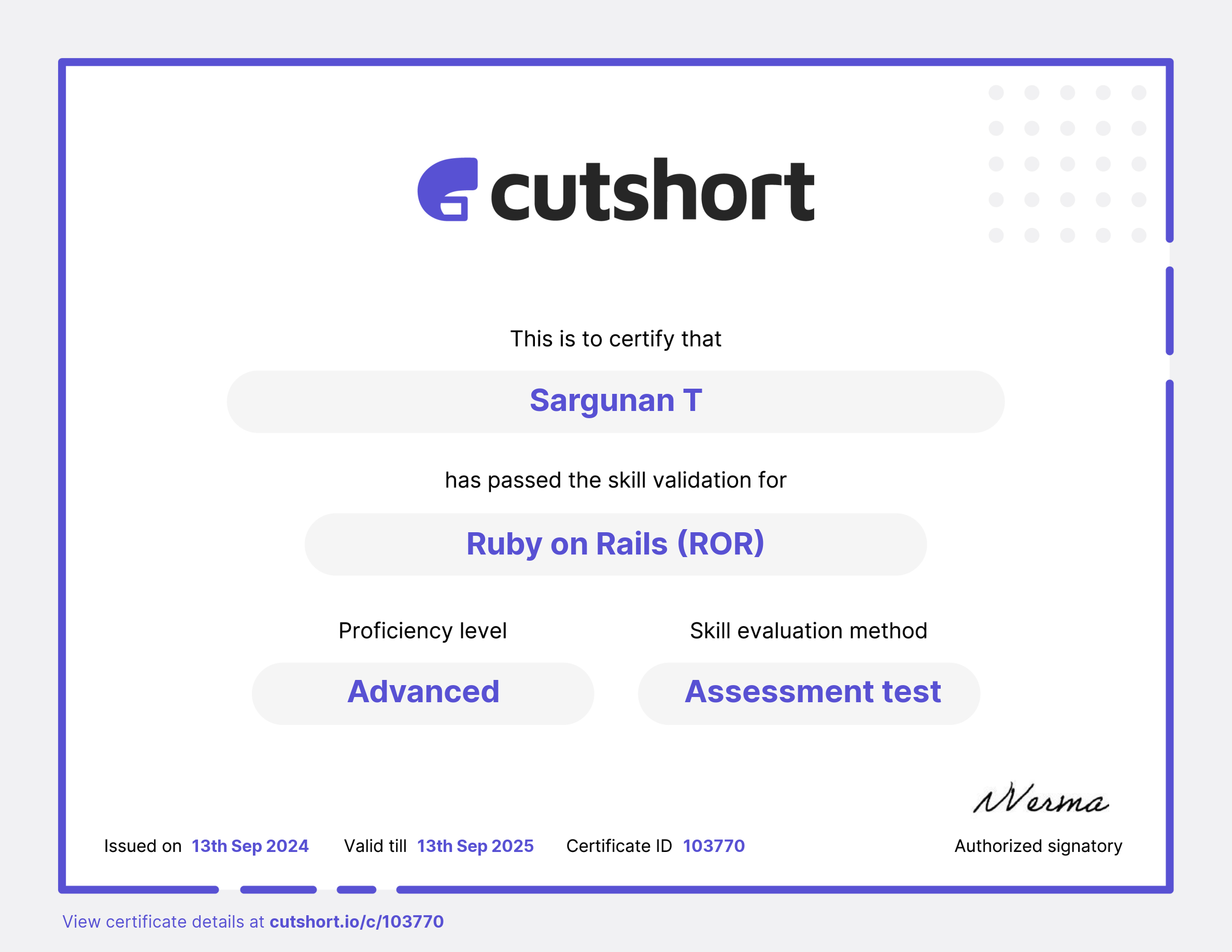 Sargunan's skill certificate for Ruby on Rails (ROR) | Cutshort