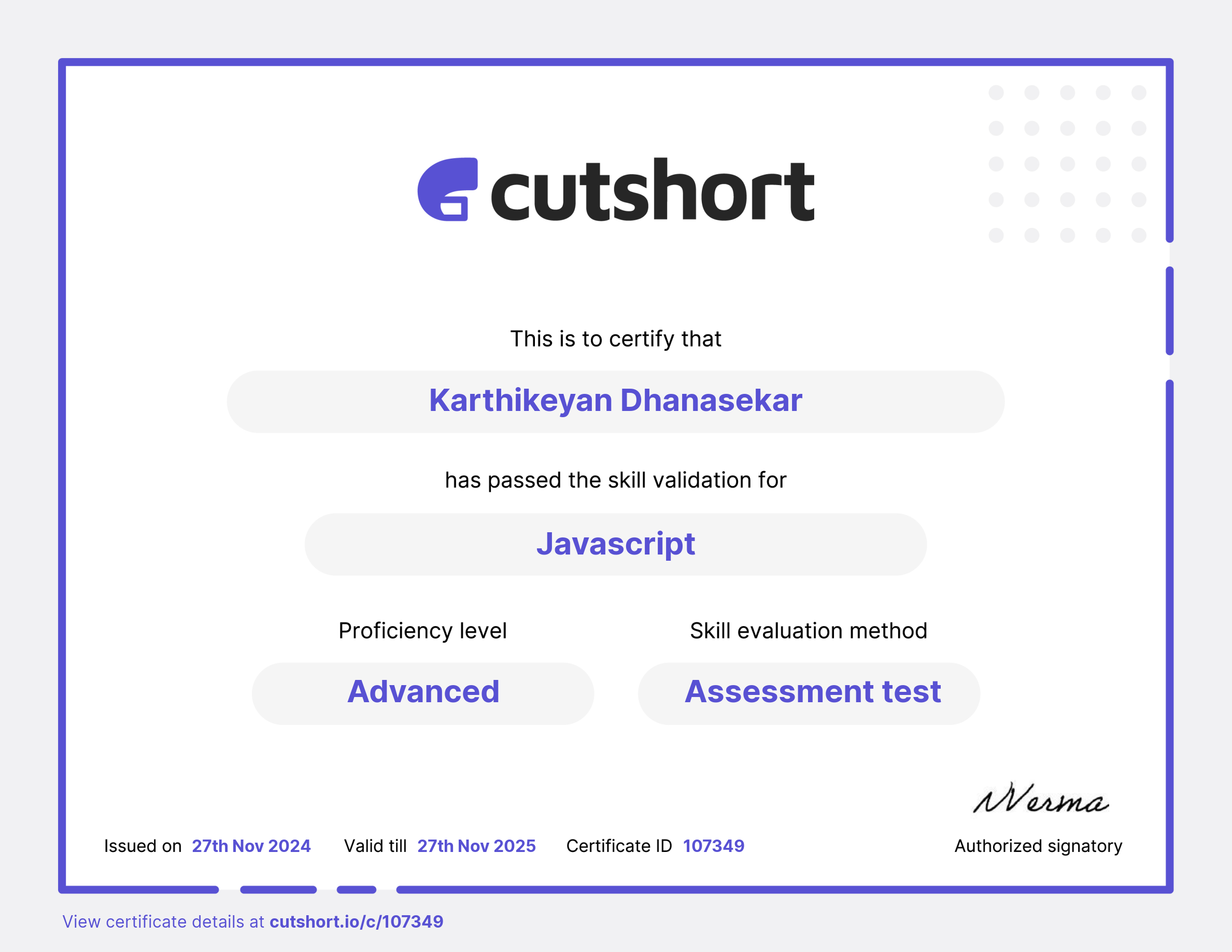 Karthikeyan's skill certificate for Javascript | Cutshort