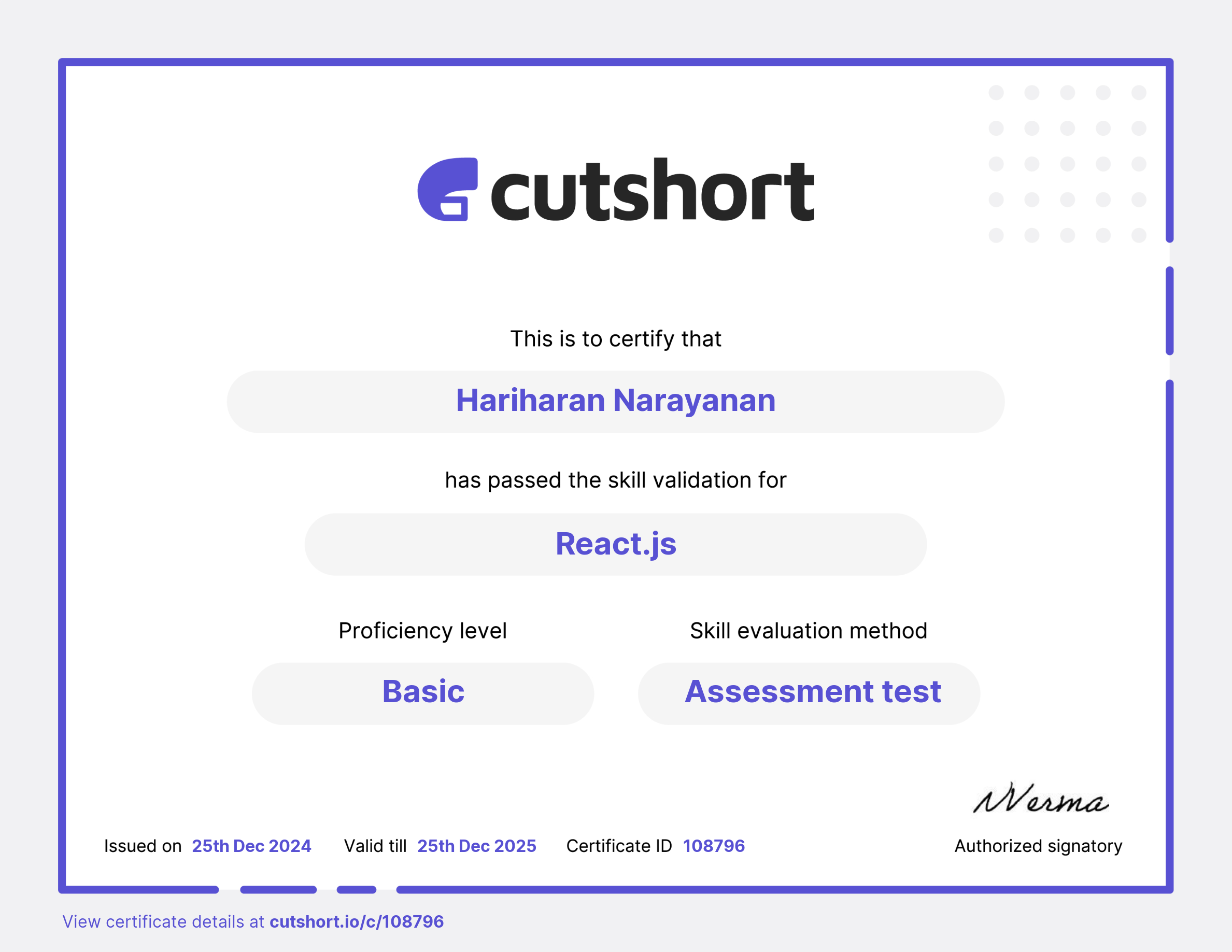 Hariharan's skill certificate for React.js | Cutshort