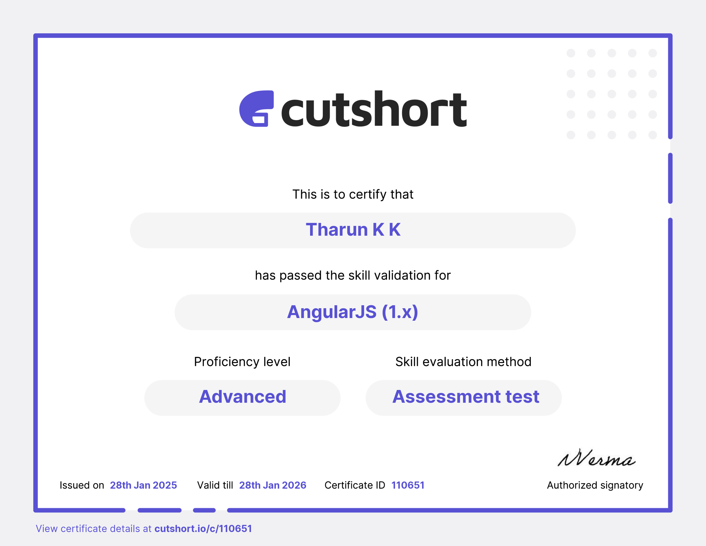 Tharun's skill certificate for AngularJS (1.x) | Cutshort