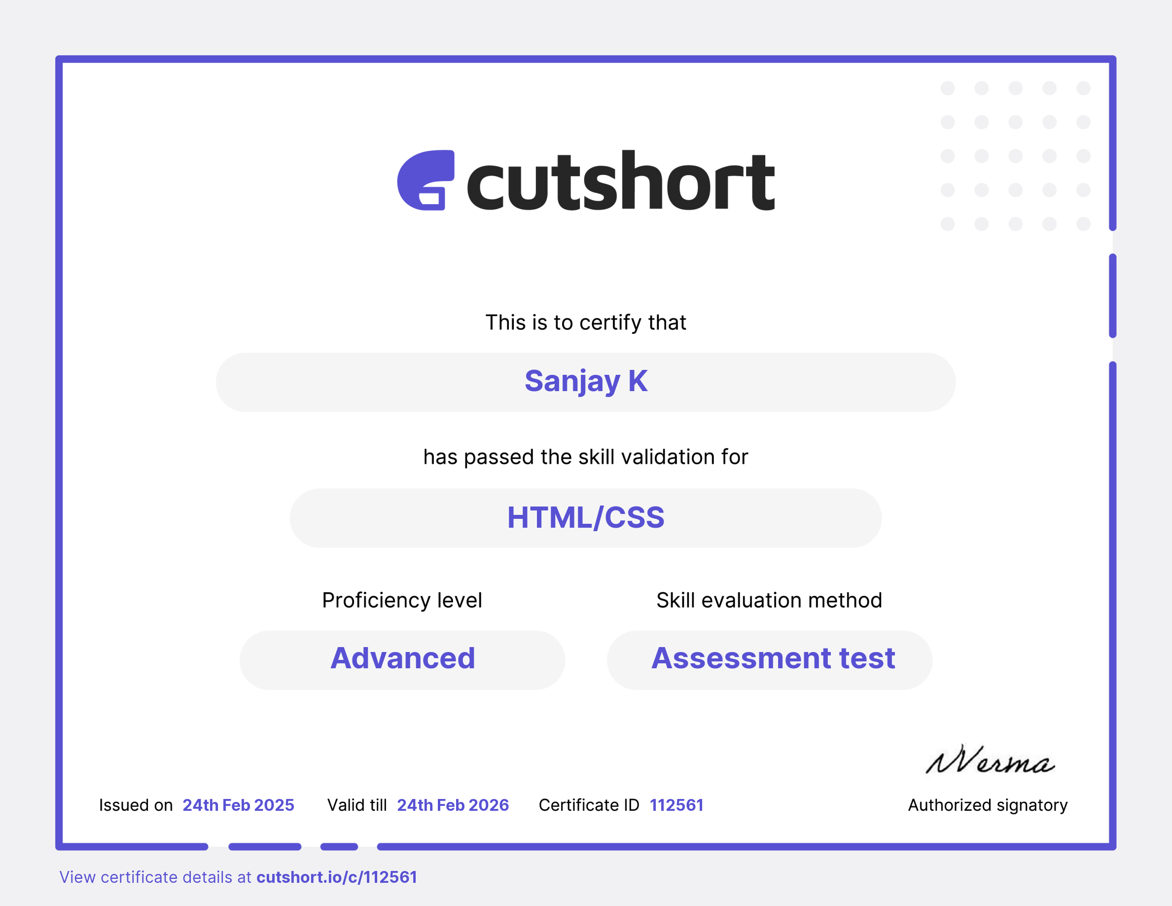 Sanjay's skill certificate for HTML/CSS | Cutshort