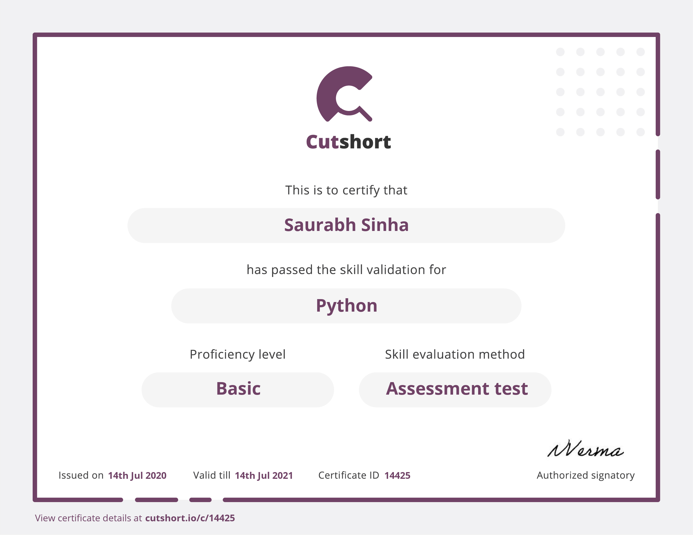 Saurabh's skill certificate for Python | Cutshort