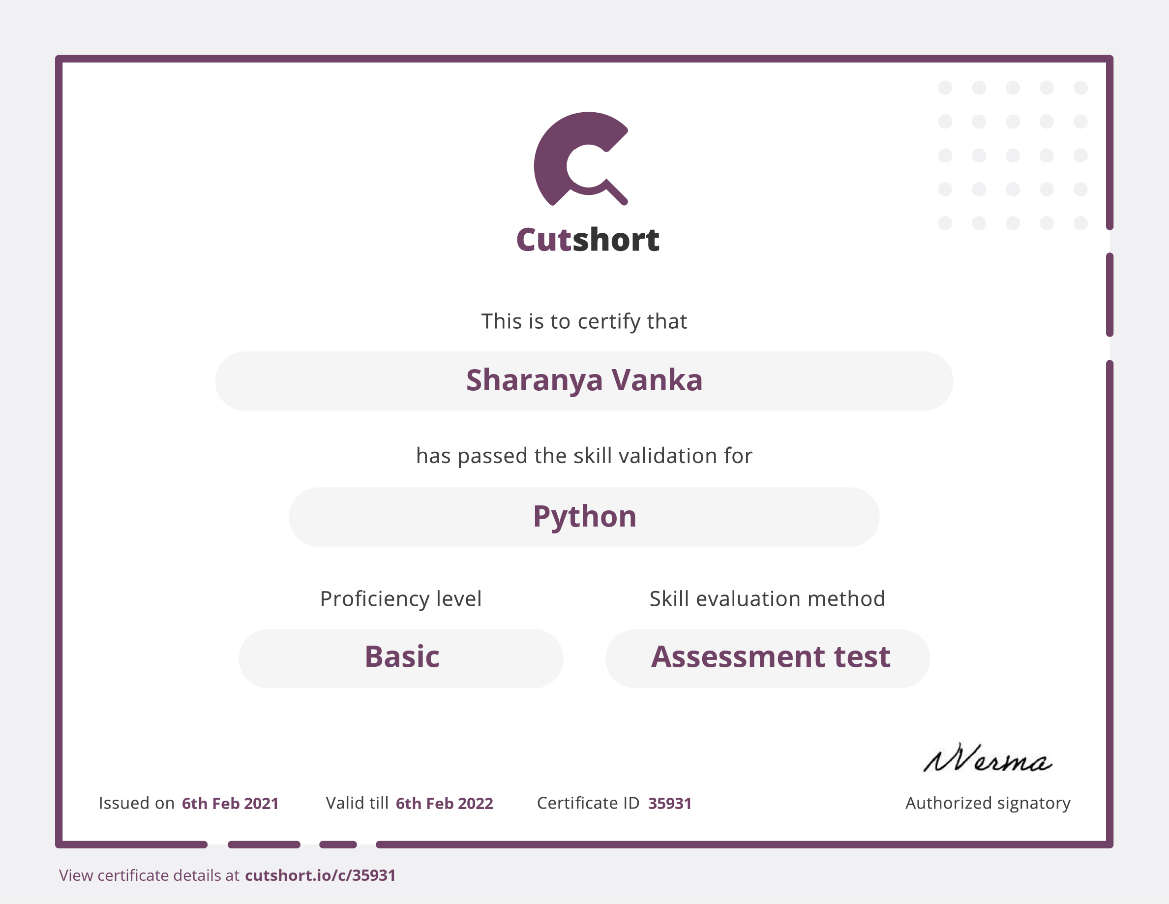 Sharanya's skill certificate for Python | Cutshort