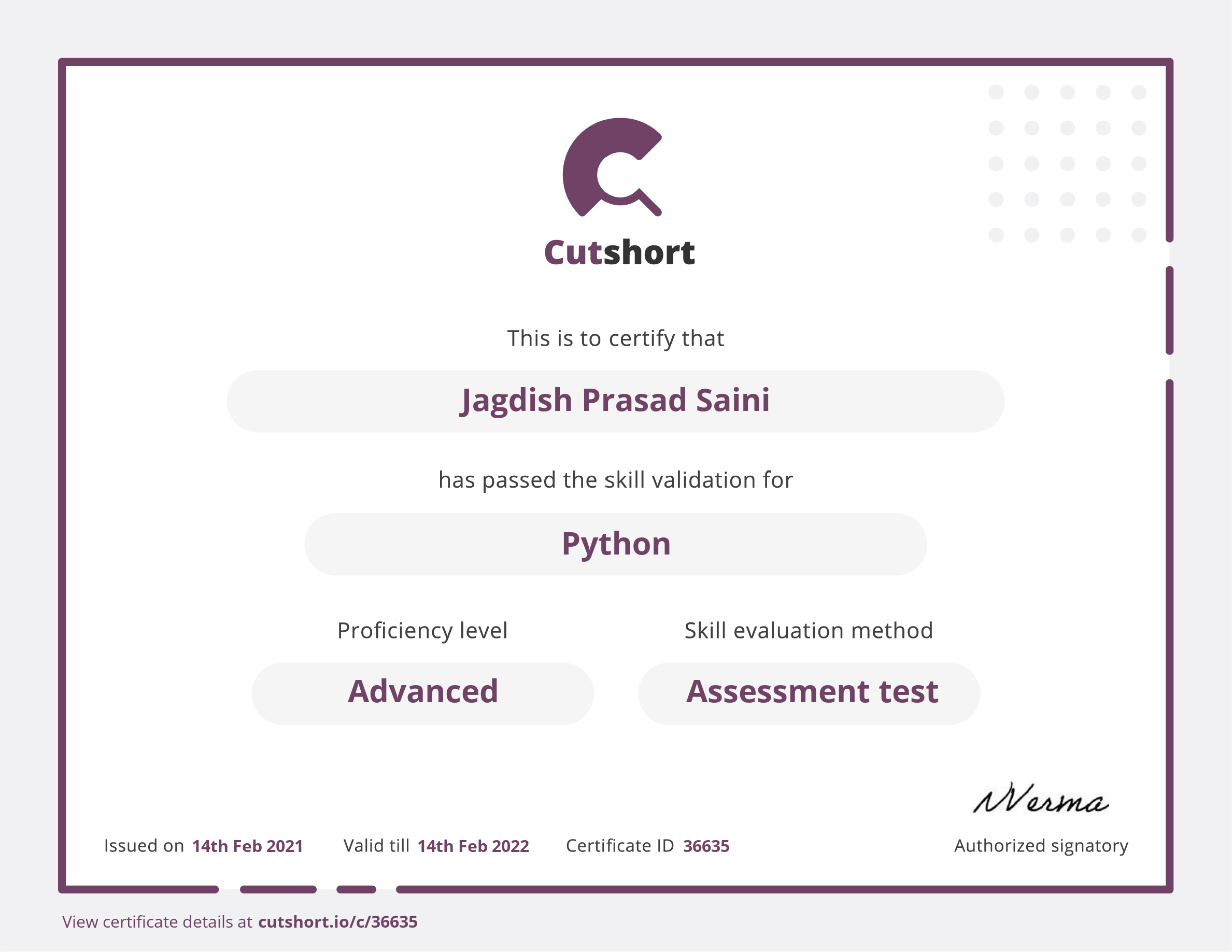 Jagdish's skill certificate for Python | Cutshort