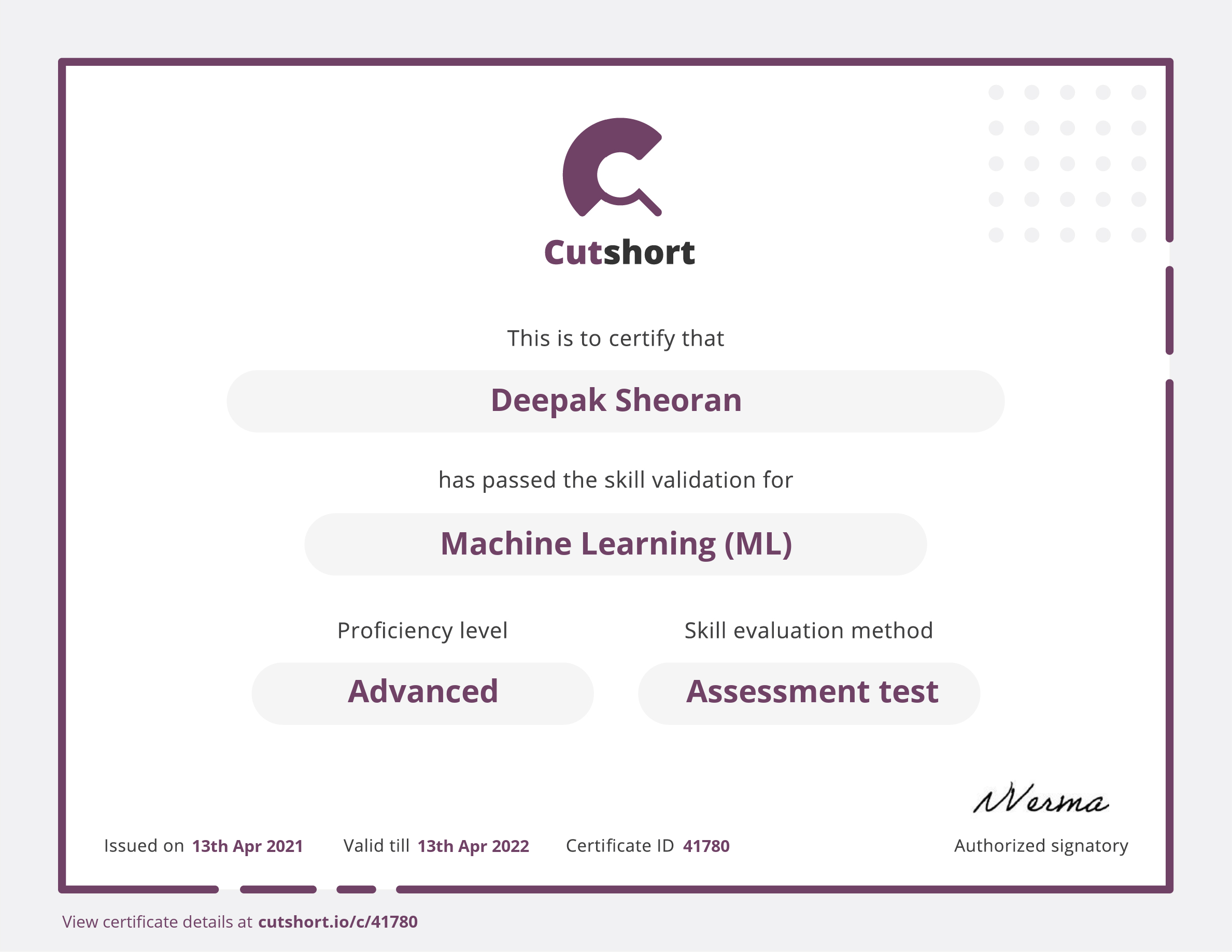 Deepak's skill certificate for Machine Learning (ML) | Cutshort
