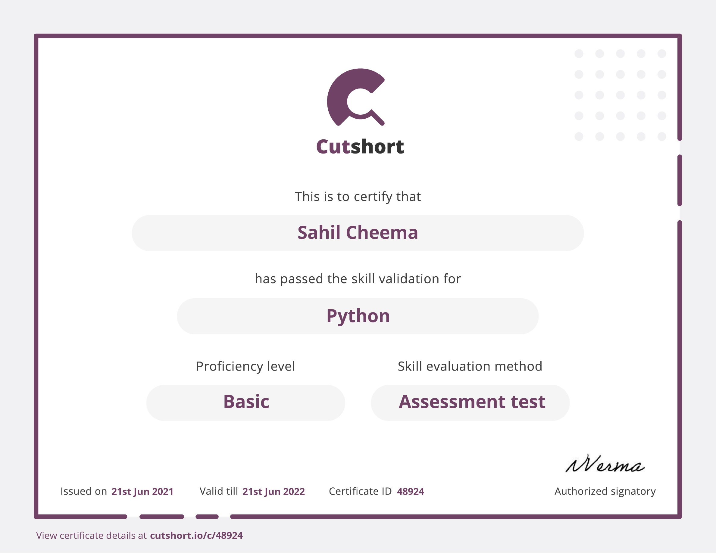 Sahil's skill certificate for Python | Cutshort
