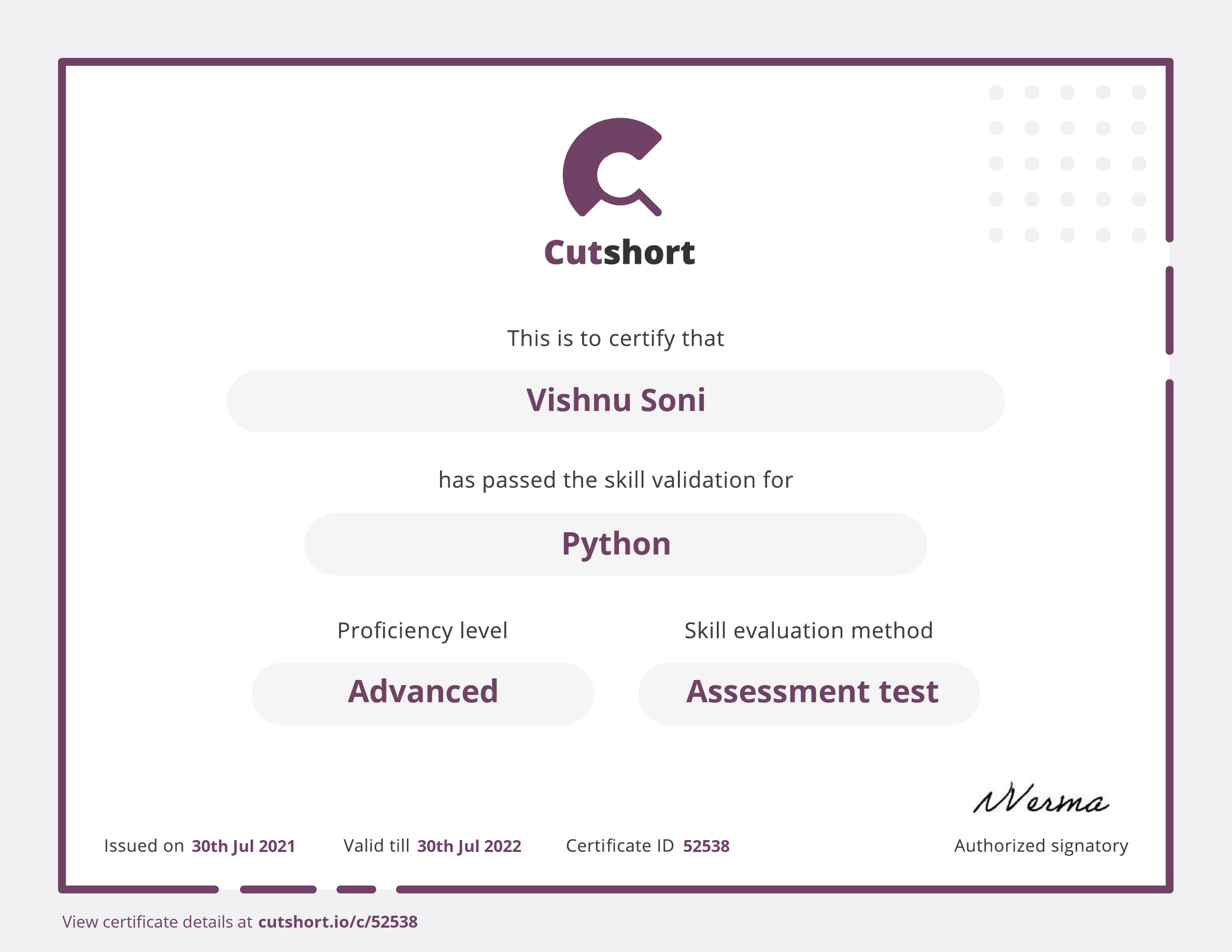 Vishnu's skill certificate for Python | Cutshort