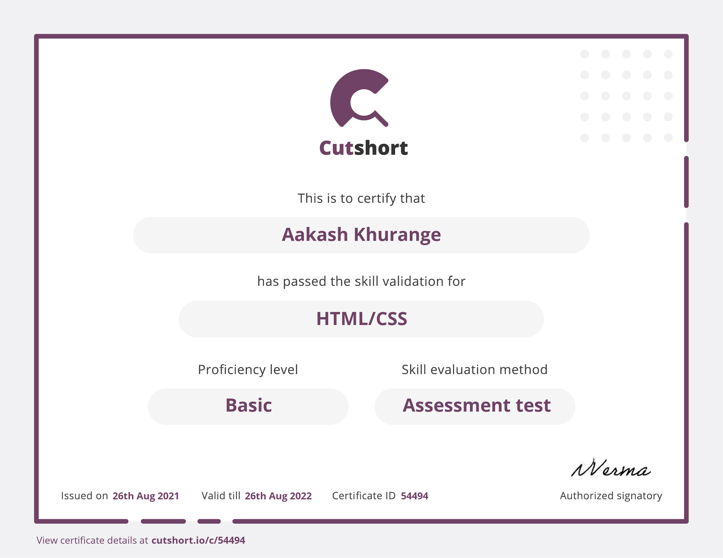 Aakash's skill certificate for HTML/CSS | Cutshort