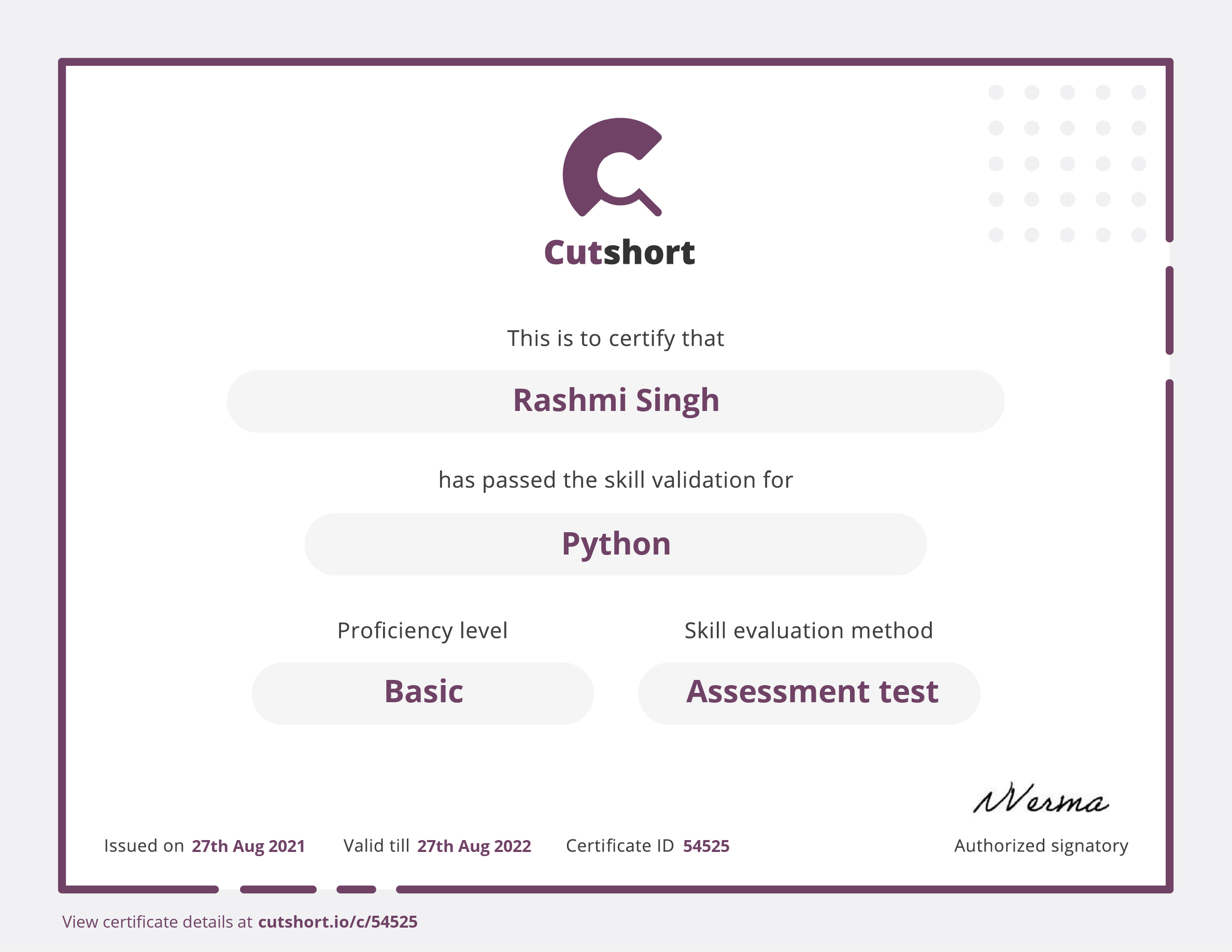 Rashmi's skill certificate for Python | Cutshort