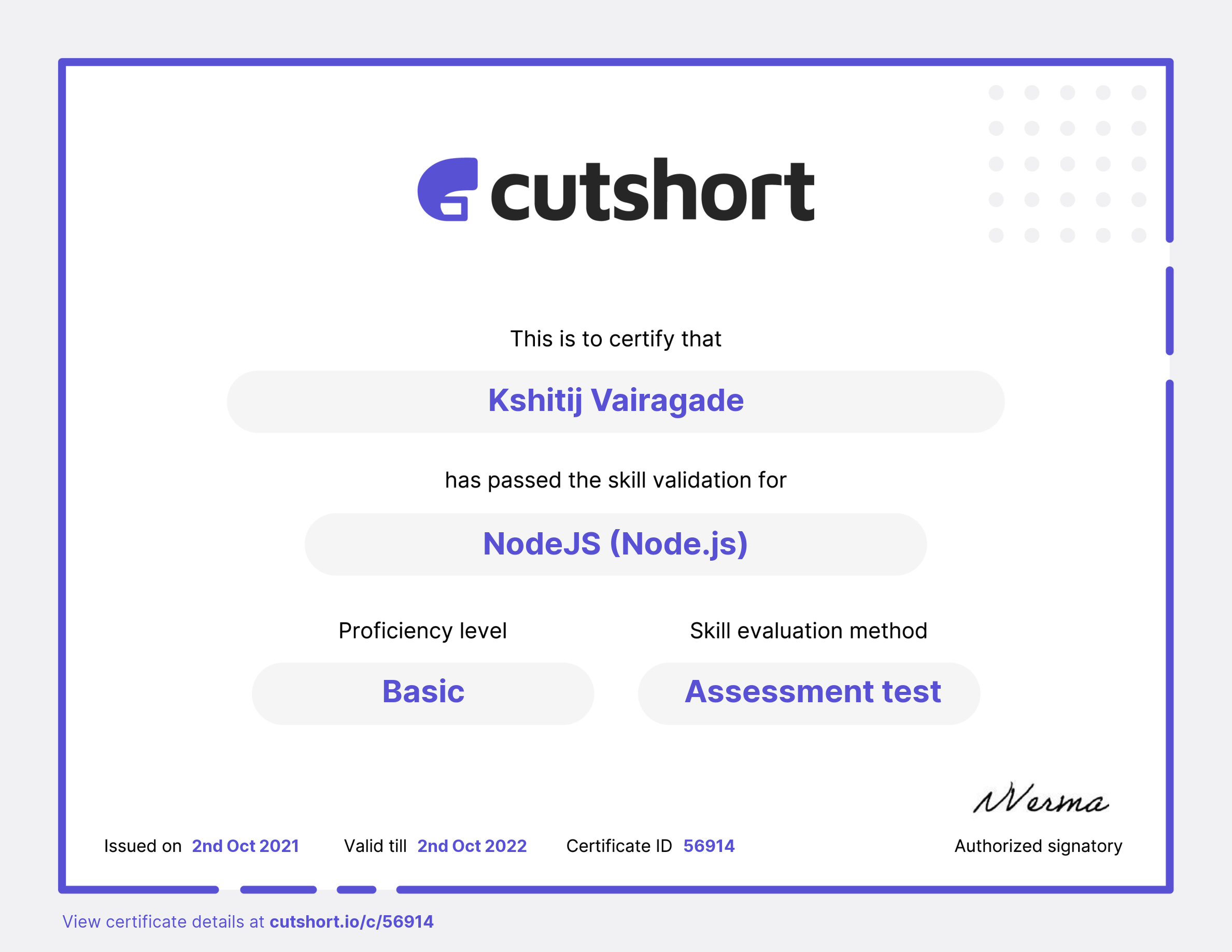 Kshitij's skill certificate for NodeJS (Node.js) | Cutshort
