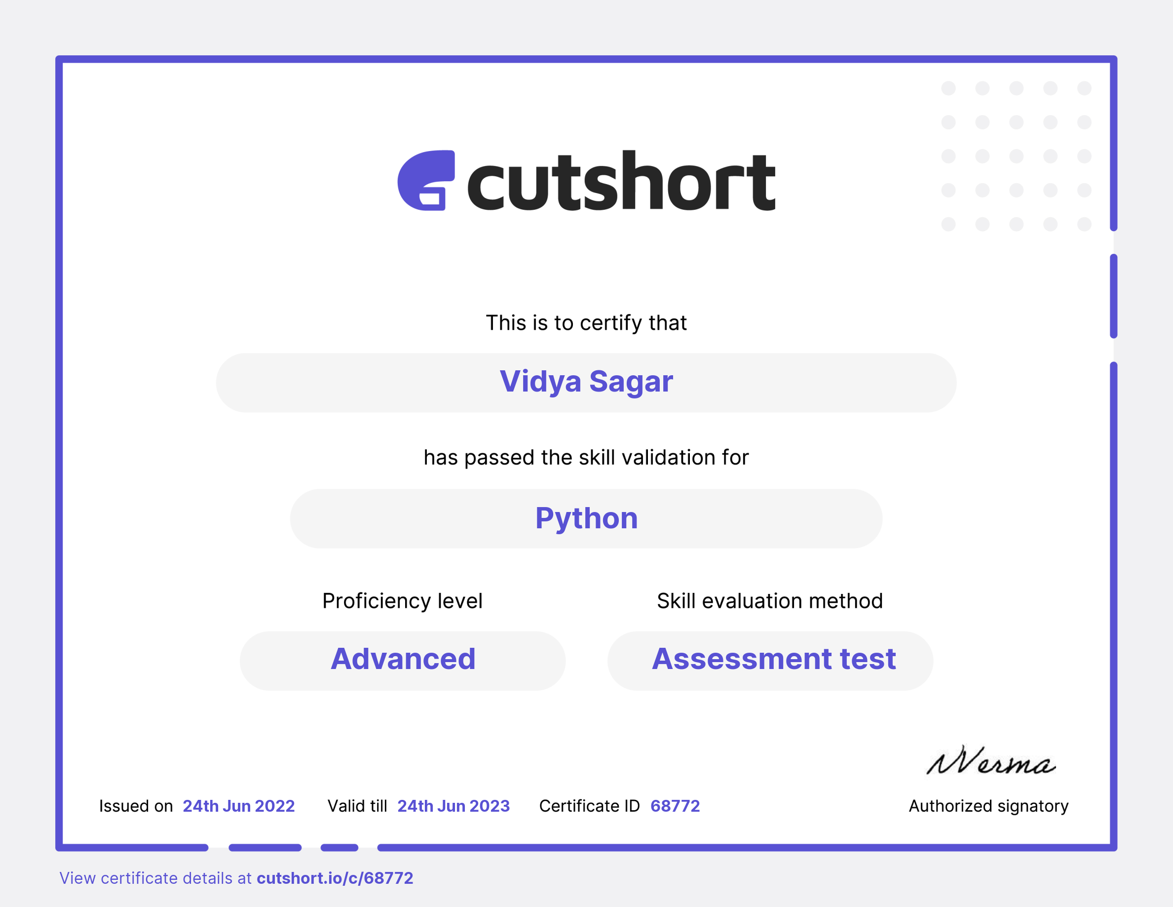 Vidya's skill certificate for Python | Cutshort