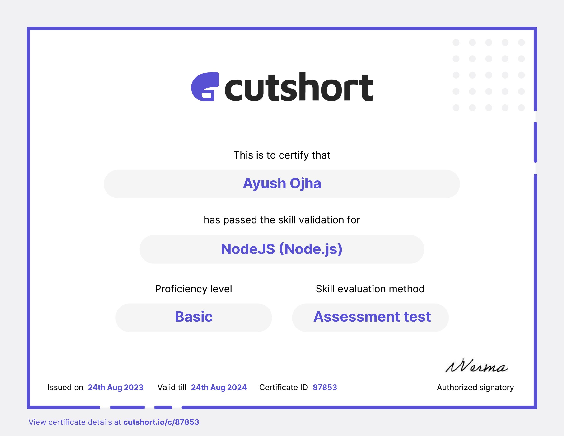 Ayush's skill certificate for NodeJS (Node.js) | Cutshort