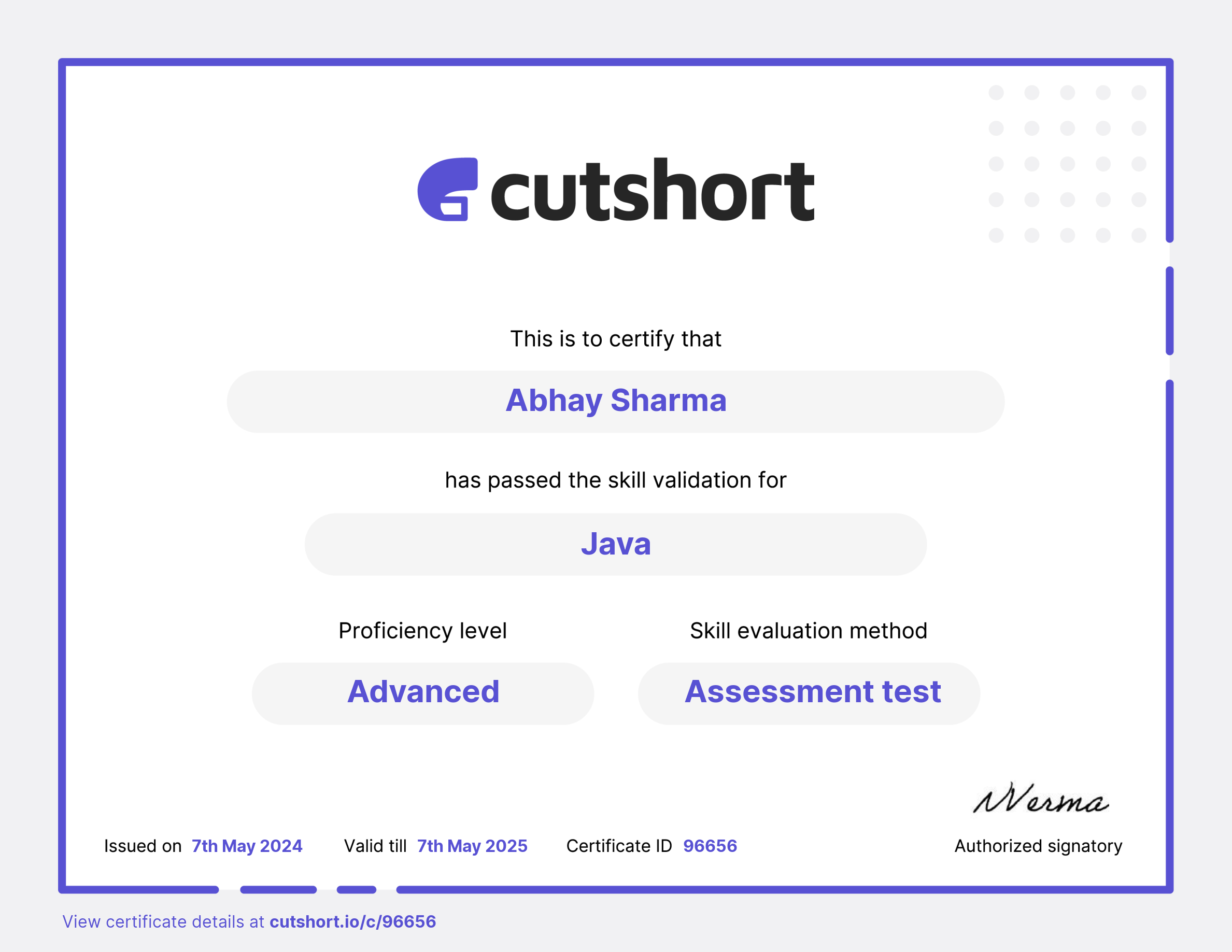 Abhay's skill certificate for Java | Cutshort